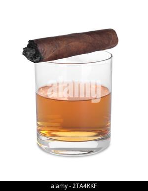 Glass of whiskey and burnt cigar isolated on white Stock Photo - Alamy