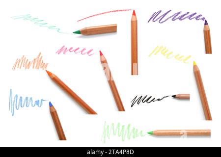 Colorful pastel pencils and scribbles on white background, top view ...