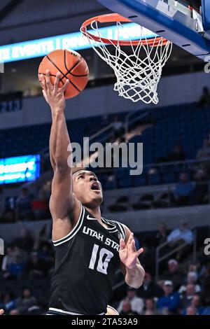 Utah State guard Darius Brown II (10) and guard Mason Falslev celebrate ...