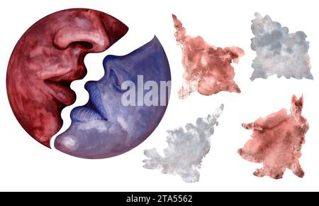 Watercolor moon and crescents with the outlines of a tender romantic ...