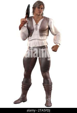 Man wears medieval lumberjack outfit with axe, 3D Illustration Stock ...