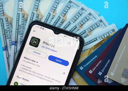 TERNOPIL, UKRAINE - JULY 7, 2023 Privatbank new banking plastic cards ...