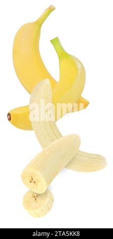 hanging, falling and flying piece of banana fruits isolated on white ...