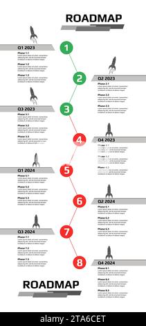 Vertical roadmap with rocket and milestones on space black background ...