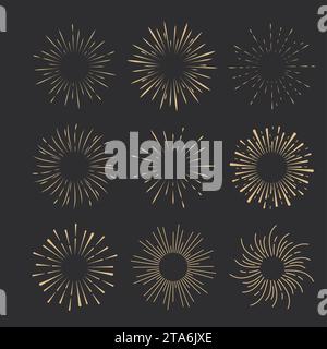 Golden Fireworks, rays, sunburst frames circle border decoration, sparkle in doodle style, line ...