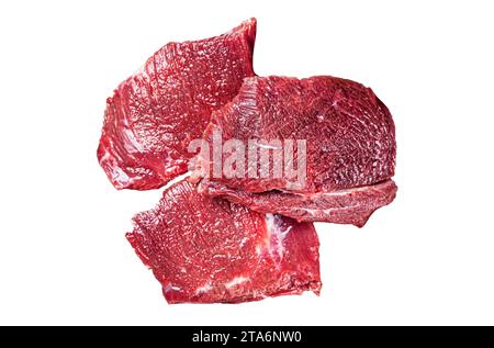 Raw Venison dear meat on butcher cutting board, game meat. Isolated on ...