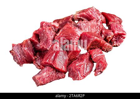 Sliced Raw venison dear meat for a stew, game meat on butcher cutting ...