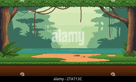 Pixel art jungle forest game location. Seamless rainforest vector ...