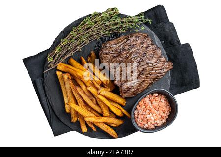 Venison dear steak with sea salt and french fry, game meat. Wooden ...