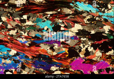 Schist is a metamorphic rock formed by mudstone. Photomicrograph, thin ...