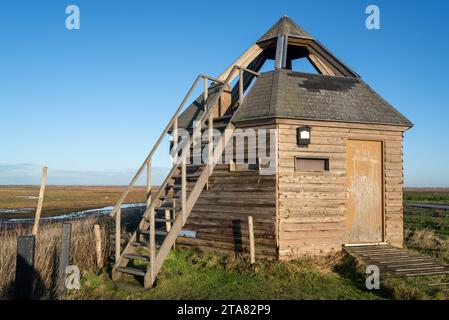 Bird hide at the nature reserve Verdronken Land van Saeftinghe, salt ...