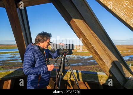 Birdwatcher looking through telescope over salt marsh of the Western ...