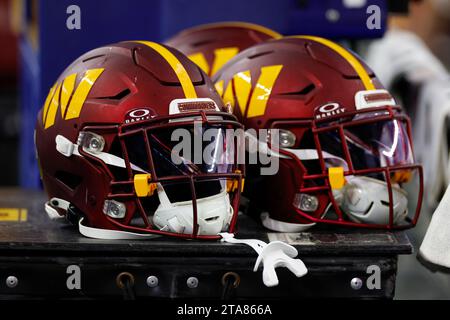 A detail view of Washington Commanders helmets are seen before an NFL ...