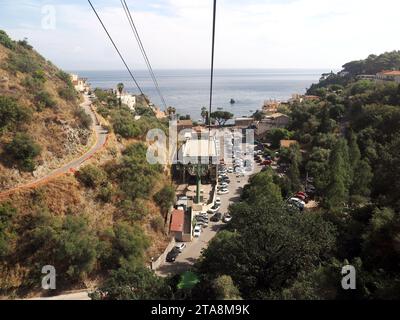 Funivia, cable car, connects the historic center of Taormina to the ...