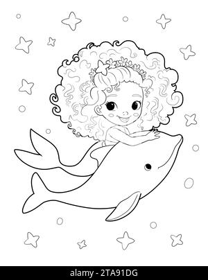Cute mermaid girl and dolphin. Outline coloring page illustration for ...