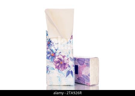 Two packs of paper handkerchiefs, close-up, isolated on white ...