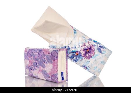Two packs of paper handkerchiefs, close-up, isolated on white ...