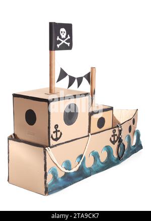 Pirate cardboard ship on white background Stock Photo - Alamy