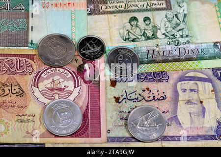 Kuwaiti money background of old coins and banknotes of Dinars of ...