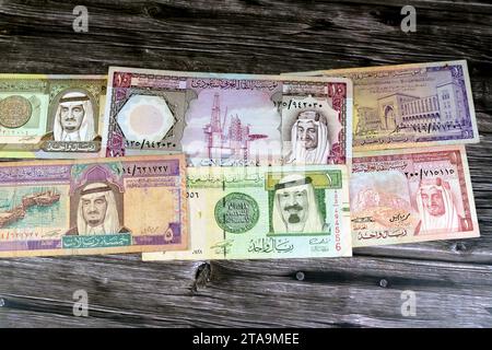 Old Saudi Arabia riyals money banknote bills of different eras from the ...
