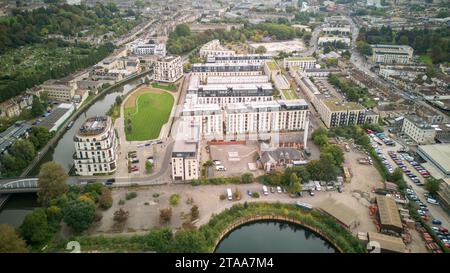 Aerial view of City of Bath showing the Royal Crescent and The Circus ...
