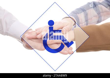 Inclusive workplace culture. People holding puzzle with international ...