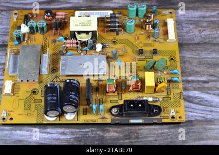 interior of LED TV Television main board power circuit, wires ...