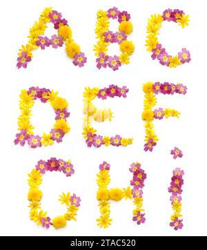 Romantic spring letters made of pink petals, on color wooden background ...