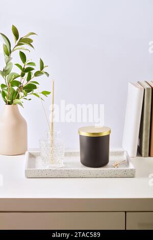 Soy candles in a glass jar. Aromatherapy. Burning candle and lavender ...