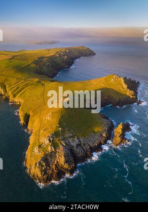 Aerial view of The Rumps cliffs and coastline near Pentire Point, North ...