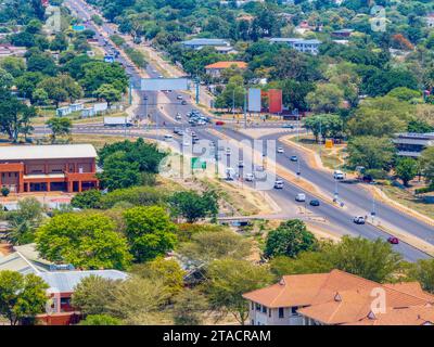 Aerial view of Gaborone city downtown spread out over the savannah ...