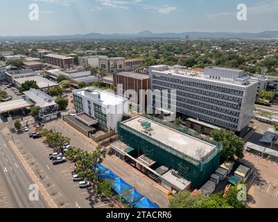 Aerial view of Gaborone city downtown spread out over the savannah ...