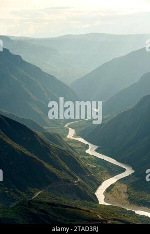Chicamocha river flows through a large canyon, mountainous Andean ...