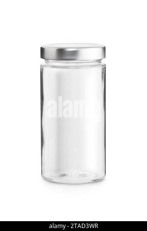Empty round jar with screw-down aluminum cap isolated on white ...