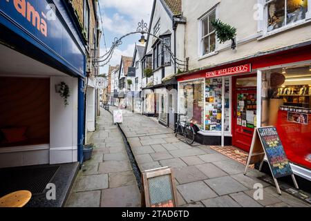 Shops and cafes in historic Cheap Street in Frome, Somerset, UK on 30 ...