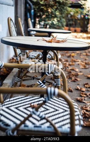 Street cafe tables covered with fallen leaves of maple trees in sunny ...