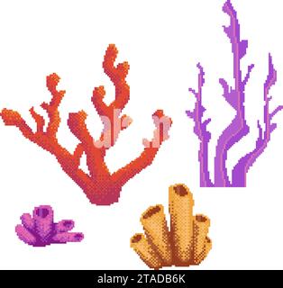 Pixel art pink seaweed. Ocean and sea flora and fauna 8-bit ...