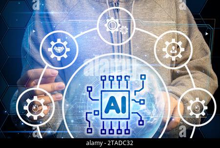 Ai tech, businessman show virtual graphic Global Internet connect with AI, Artificial ...