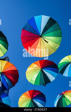 Colorful umbrellas used in the sky street decoration Stock Photo - Alamy