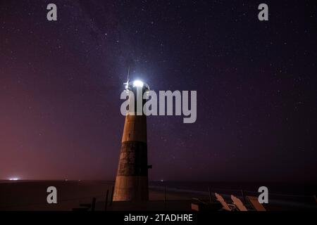 Pelican Point lighthouse with starry sky, Walvis Bay, Erongo, Namibia ...