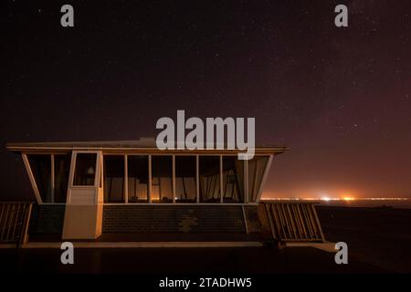 Pelican Point lighthouse with starry sky, Walvis Bay, Erongo, Namibia ...