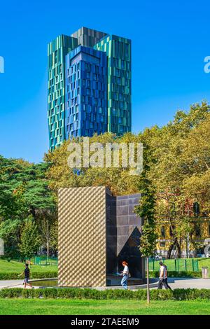 Albania, Tirana, Rinia park and the ALBAN TOWER TIRANA (ATTI) built by ...