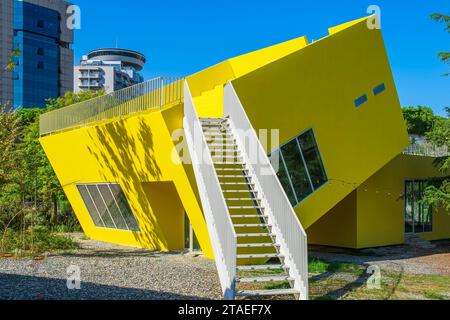 Albania, Tirana, multicolored cubes that are part of the Pyramid, a ...