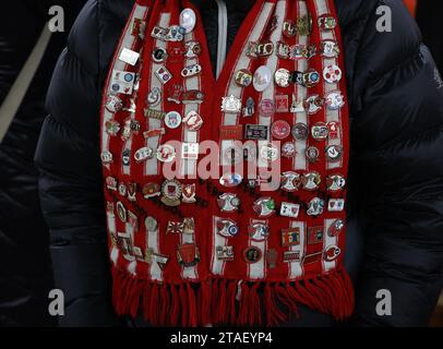 Liverpool fan's collection of badges , Anfield , Liverpool Stock Photo ...