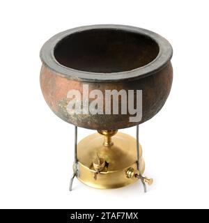Old primus stove and clay pot from different angles isolated on white ...