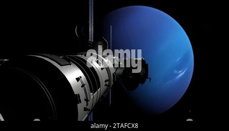 Spaceship arriving at Neptune, space mission to the unknown planet. 3d ...