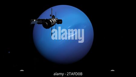 Spaceship arriving at Neptune, space mission to the unknown planet. 3d ...