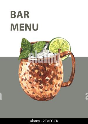 Watercolor moscow mule cocktail, lime margarita with lime and mint ...