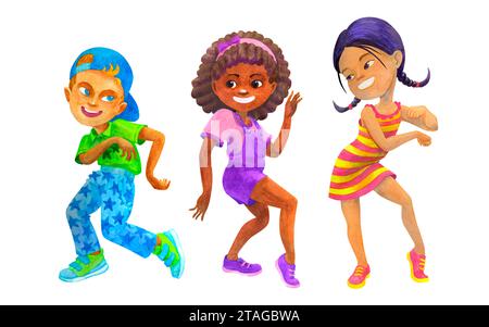 Happy multicultural boy and girls dancing, having fun in kids party ...