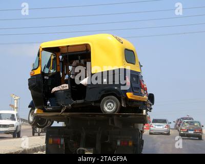 Alexandria, Egypt, September 9 2022: tow recovery transporter flatbed ...